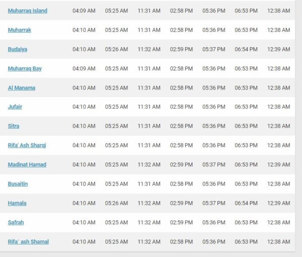Top City-Wise Prayer Time Bahrain Details - Adrosi